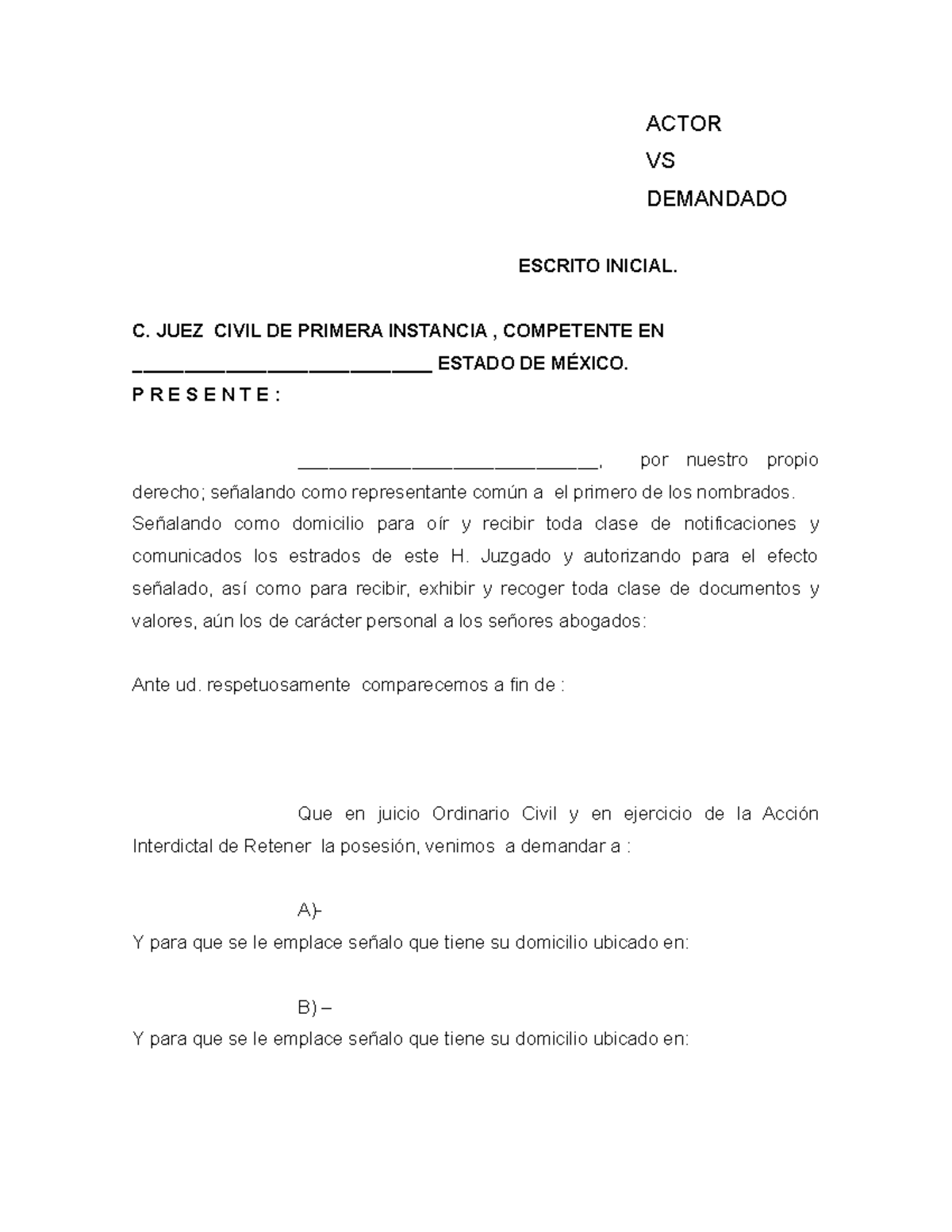 Civil 98 - Formato de demanda - ACTOR VS DEMANDADO ESCRITO INICIAL. C ...