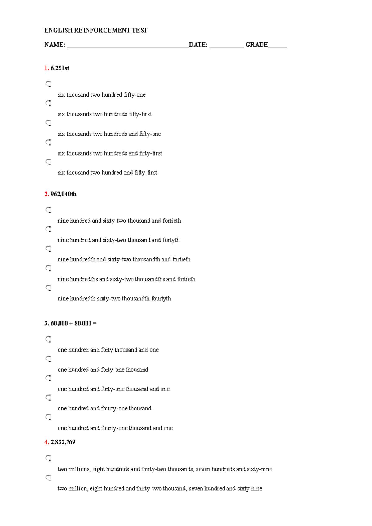 English Reinforcement TEST - ENGLISH REINFORCEMENT TEST NAME