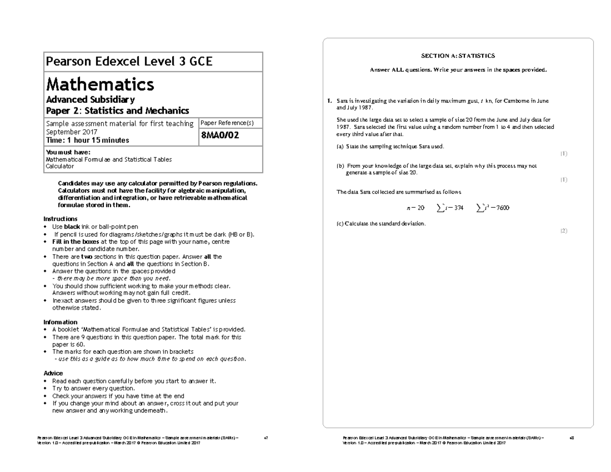 Stats sample - Pearson Edexcel Level 3 GCE Mathematics Advanced Subsidiary Paper 2: Statistics ...