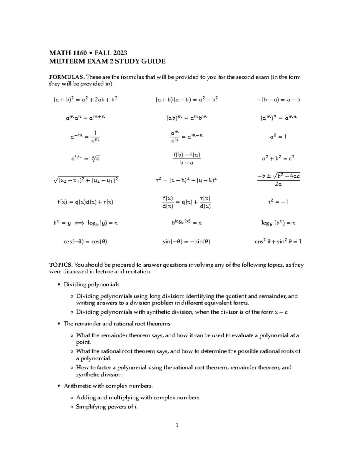 Exam 2 Study Guide - exam prep - MATH 1160 • FALL 2023 MIDTERM EXAM 2 ...