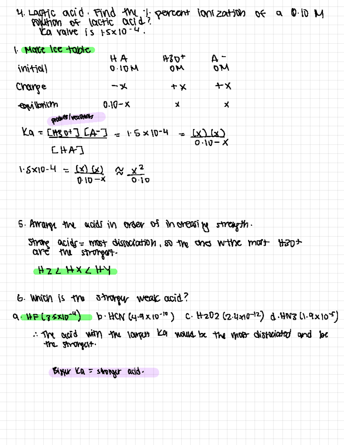 Ice Table Equilibrium Questions - I I A 130 + A ####### 4. Lactic acid ...