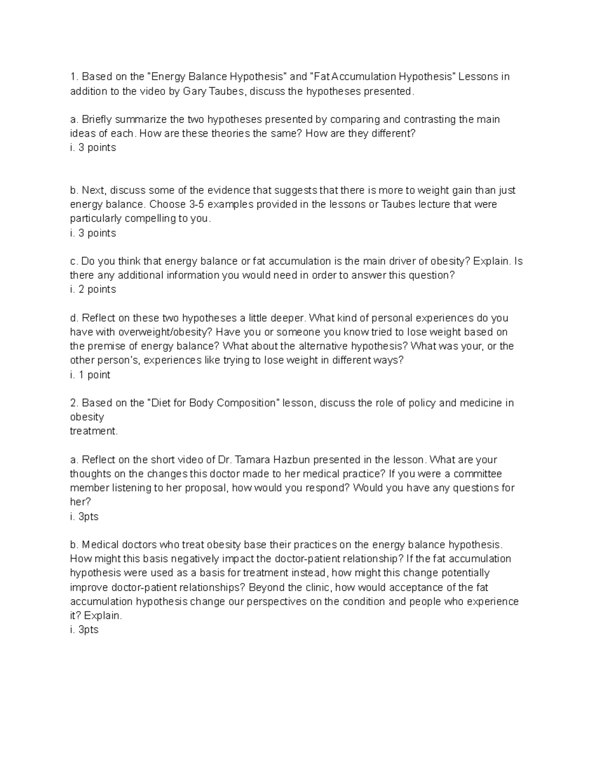 Obesity discussion - assignment - Based on the “Energy Balance ...