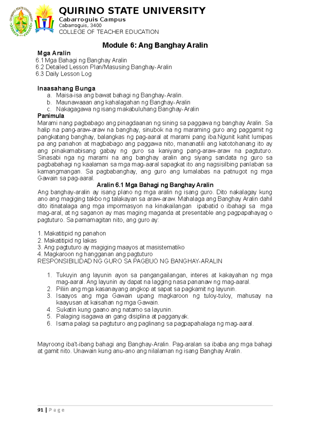 Modyul- lesson plan - Module 6: Ang Banghay Aralin Mga Aralin 6 Mga ...
