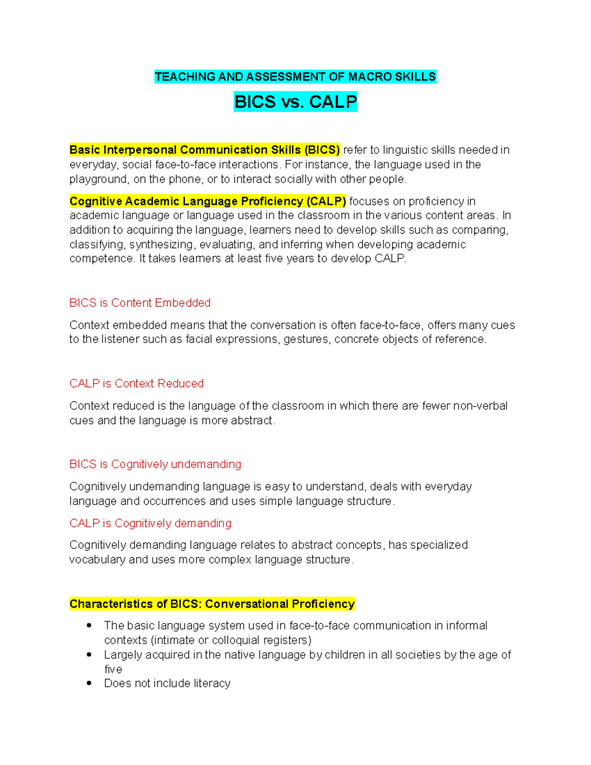 Teaching AND Assessment OF Macro Skills BICS vs. CALP 1 - TEACHING AND ...