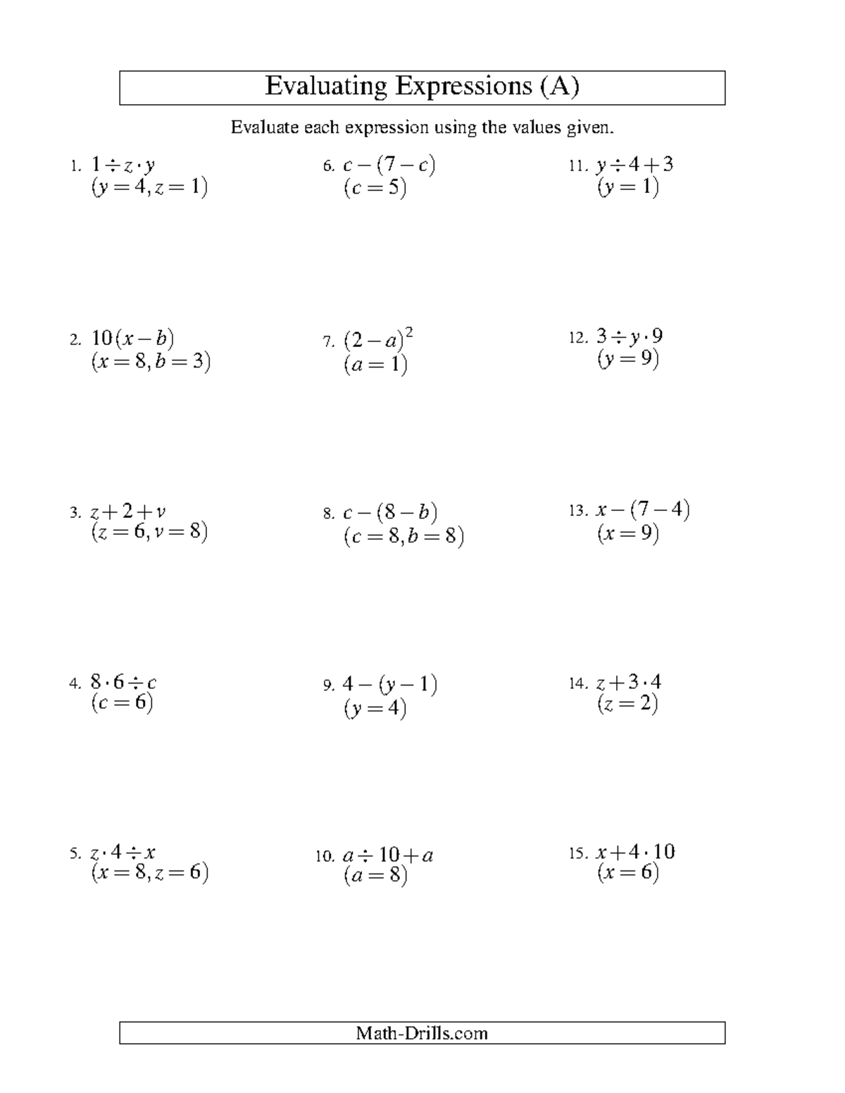 Algebra evaluating algebraic expressions two variables two steps 001 ...