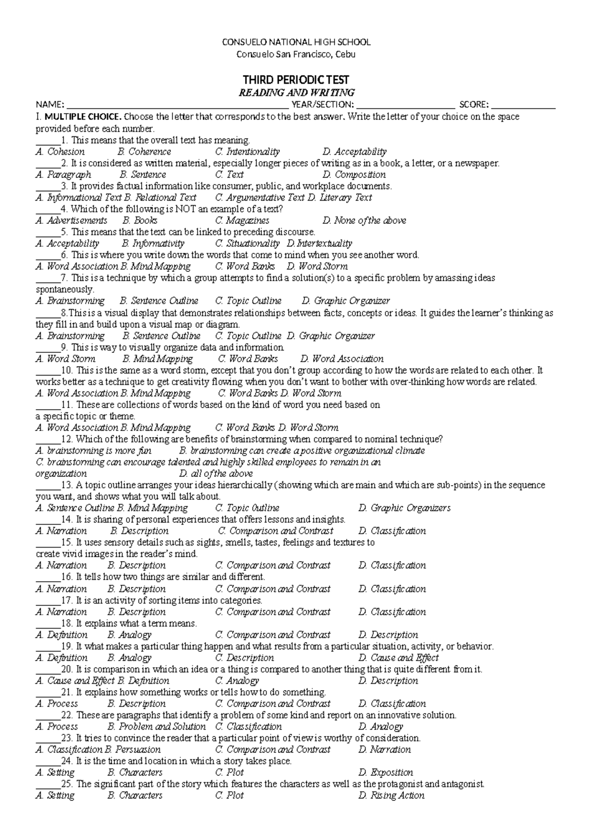 Third Periodic TEST IN Reading AND Writing - CONSUELO NATIONAL HIGH ...