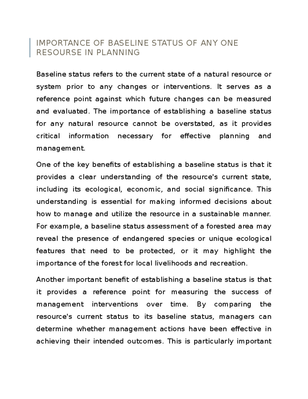 Importance OF Baseline Status OF ANY ONE Resourse IN Planning ...