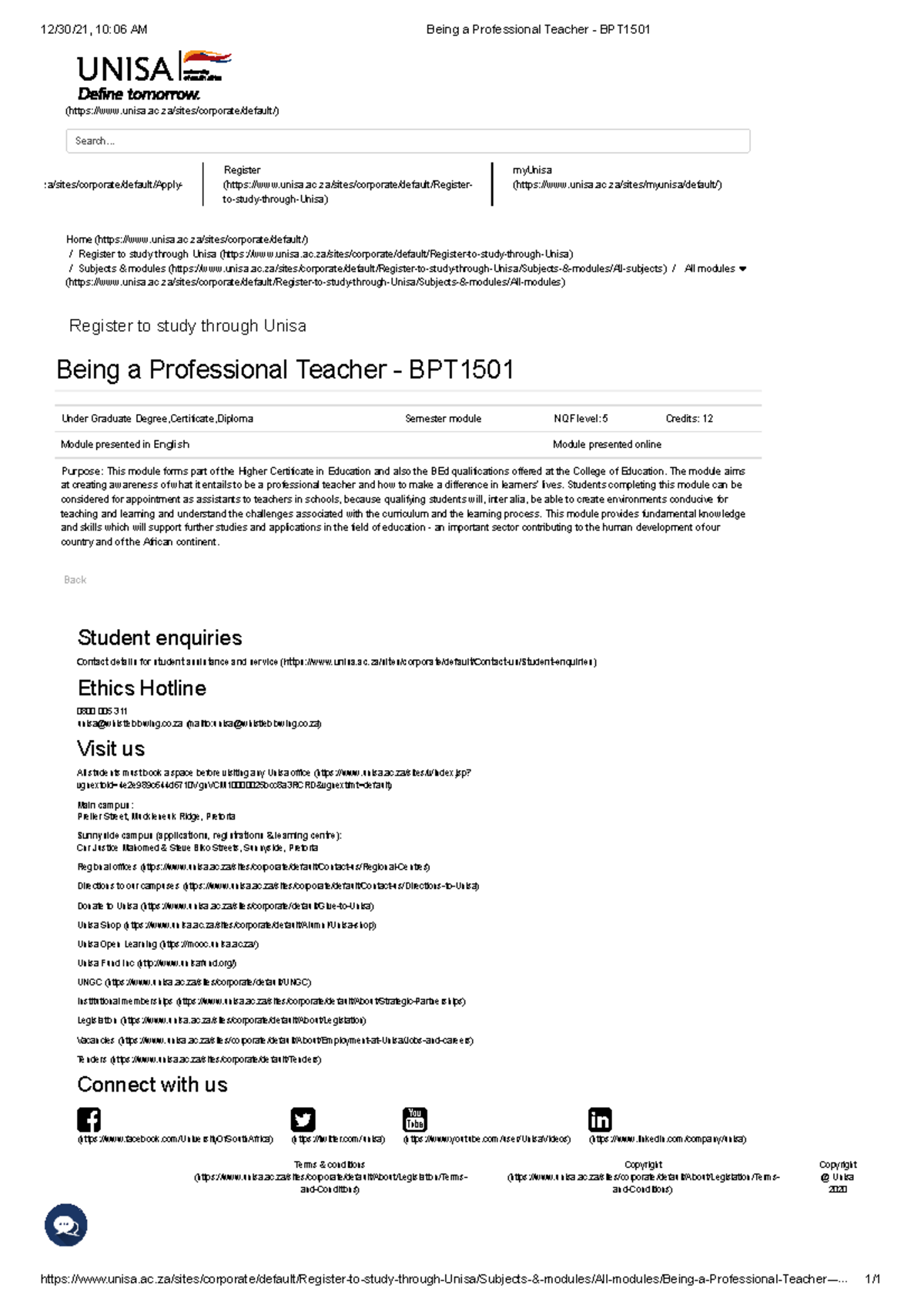 1.1 Being a Professional Teacher - BPT1501 - 12/30/21, 10:06 AM Being a ...
