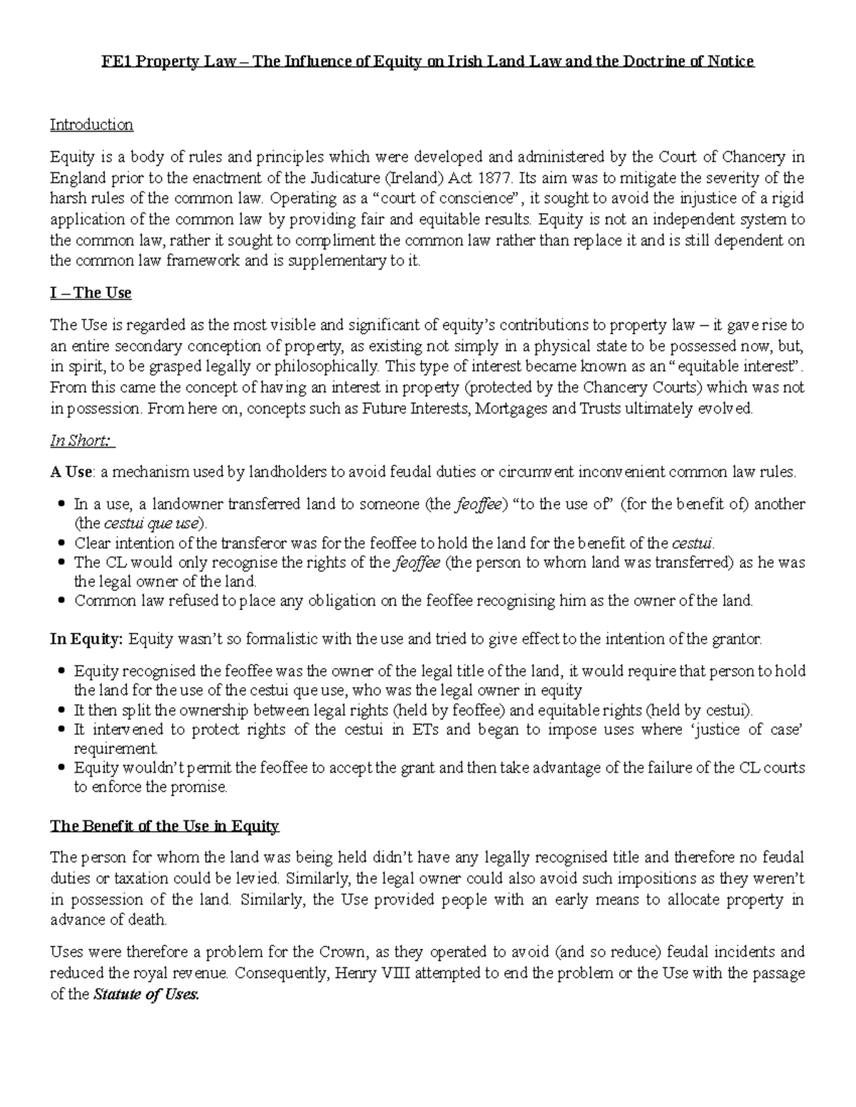 Influence of Equity on Irish Land Law - Its aim was to mitigate the ...