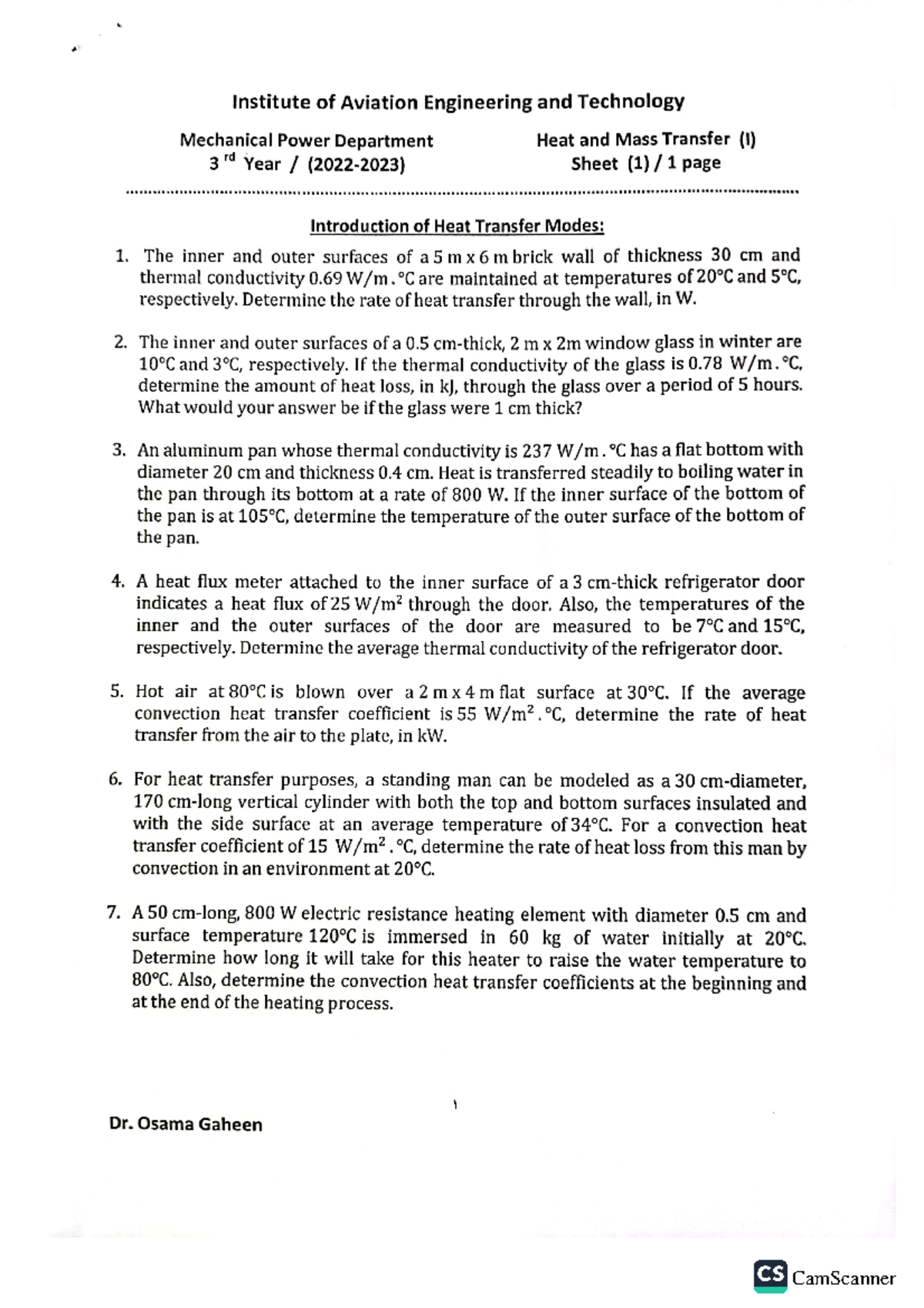 Sheet 1 2 3 heat - student - Heat and mass transfer - Studocu