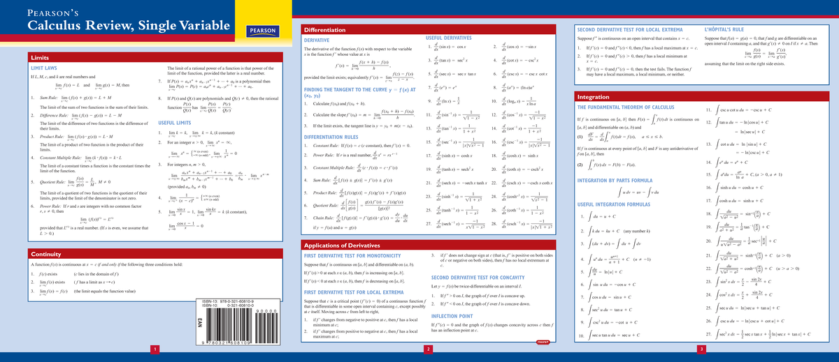 Single Variable Calculus Review - ####### 1 2 3 P E A R S O N ’ S Calculus Review, Single ...