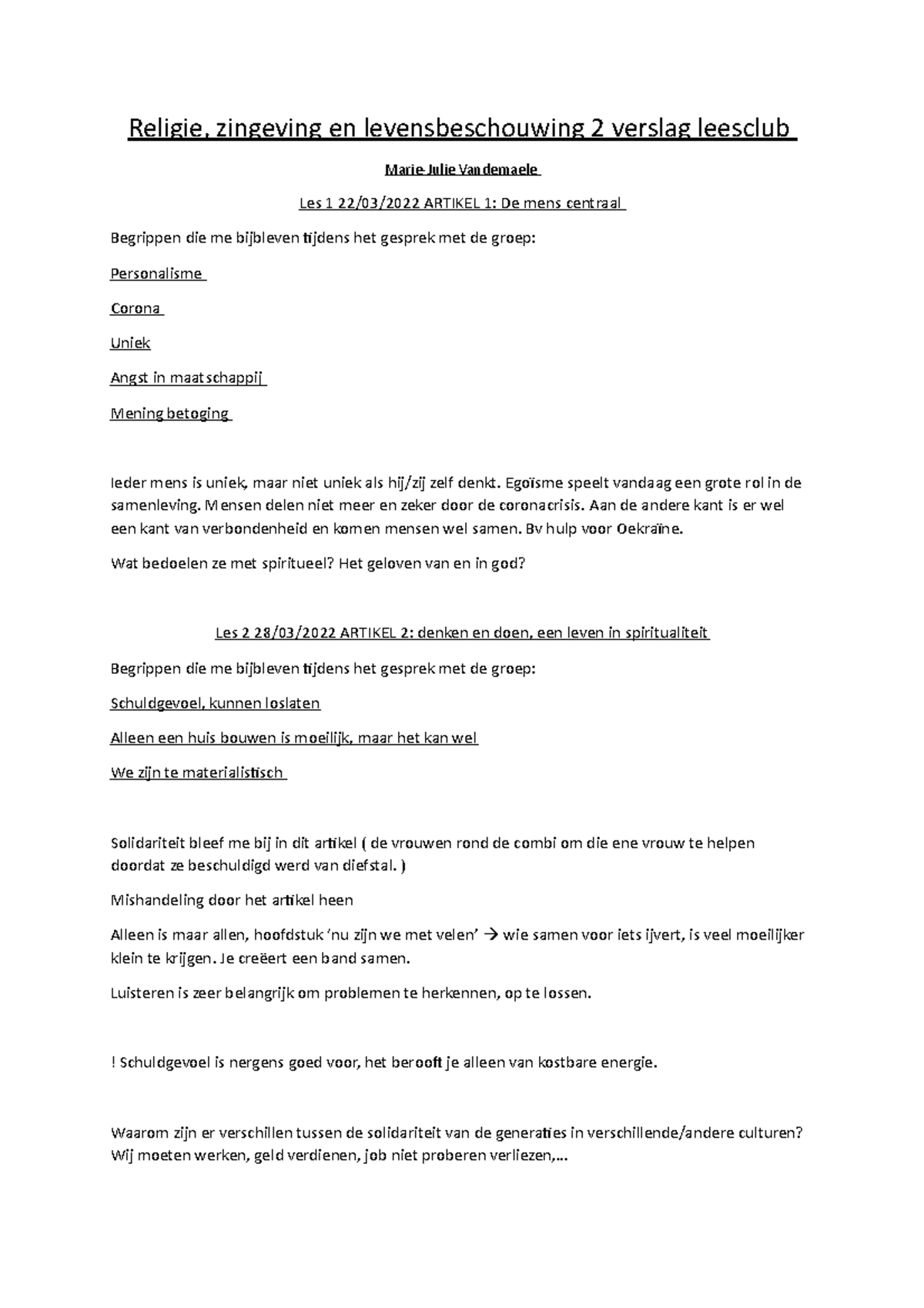 RZL leesclub verslag + eindreflectie - Religie, zingeving en ...