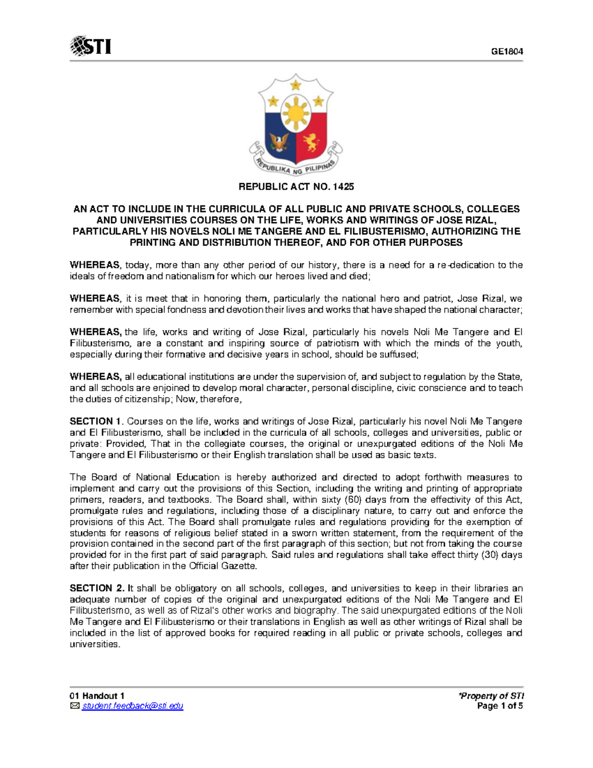 01 Handout 1(13) - Rizal's Life - 01 Handout 1 *Property of STI ...