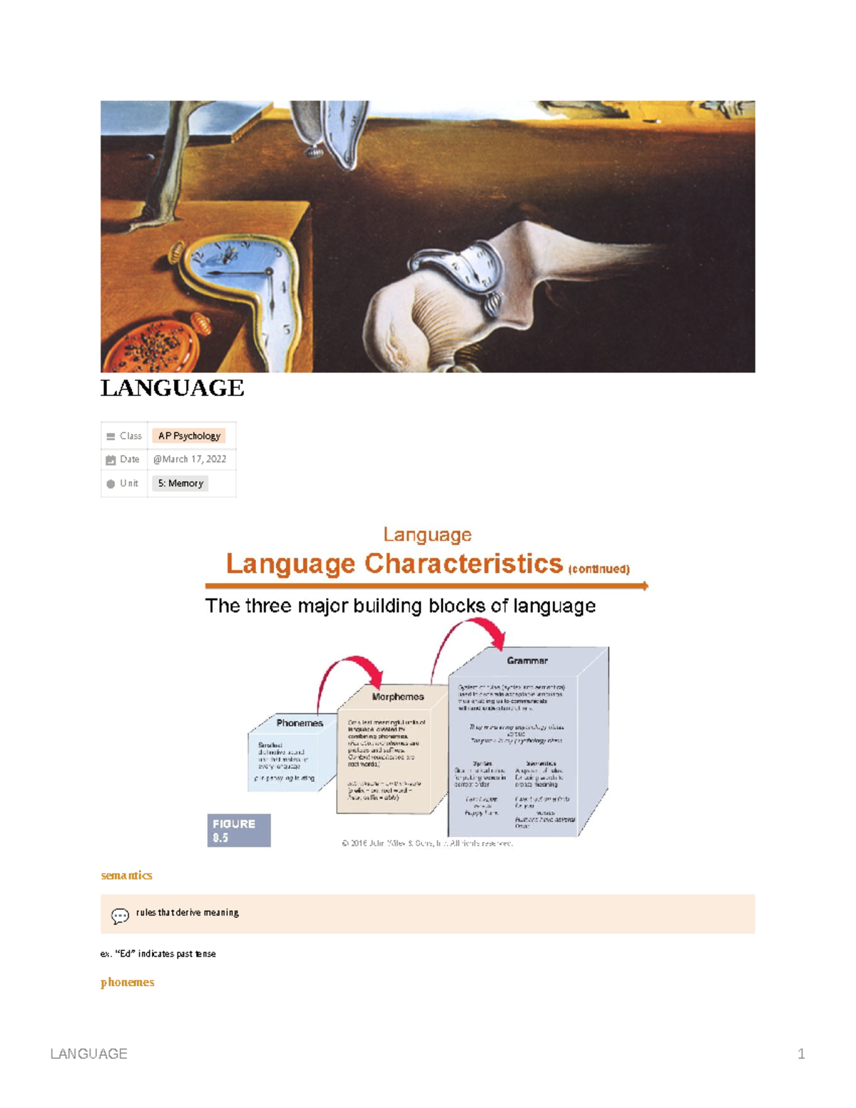 Language - LANGUAGE 1 LANGUAGE Class AP Psychology Date Unit 5: Memory ...
