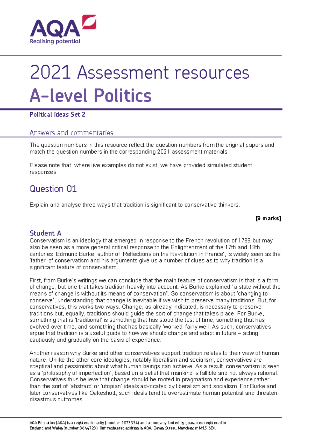 Conservatism 9 marker and other ideology info - AQA Education (AQA) is ...