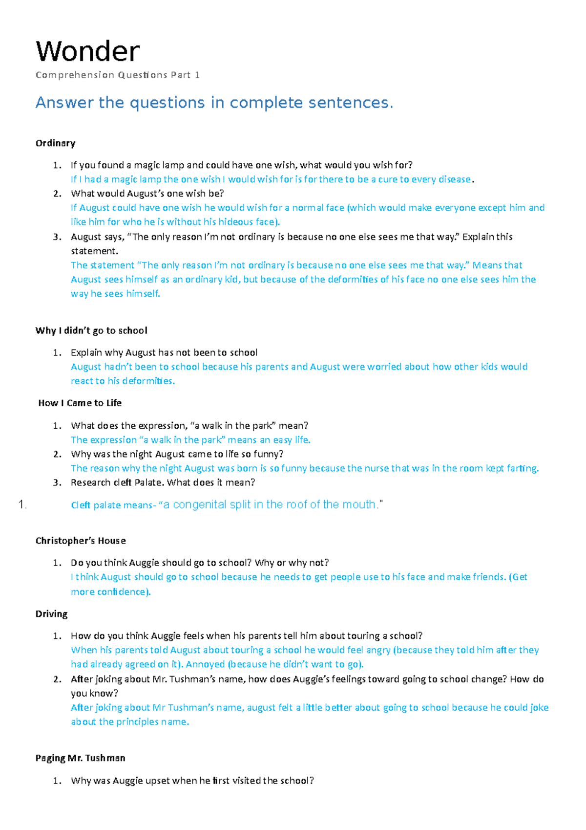 KEE0009 - Wonder Comprehension Questions Part 1 Answer the questions in ...