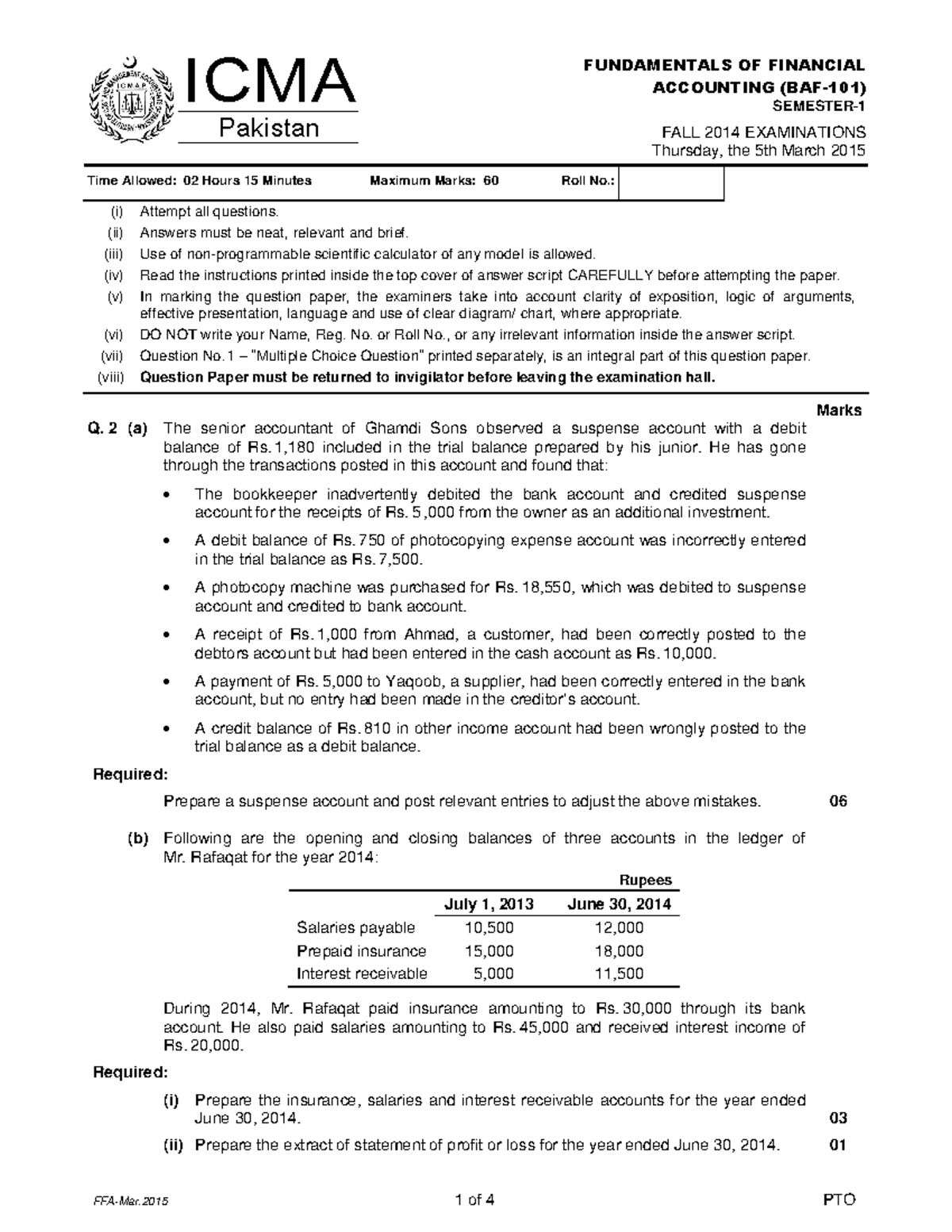 FFA-F14 Q - notes - FFA-Mar 1 of 4 PTO ICMA. Pakistan FUNDAMENTALS OF ...