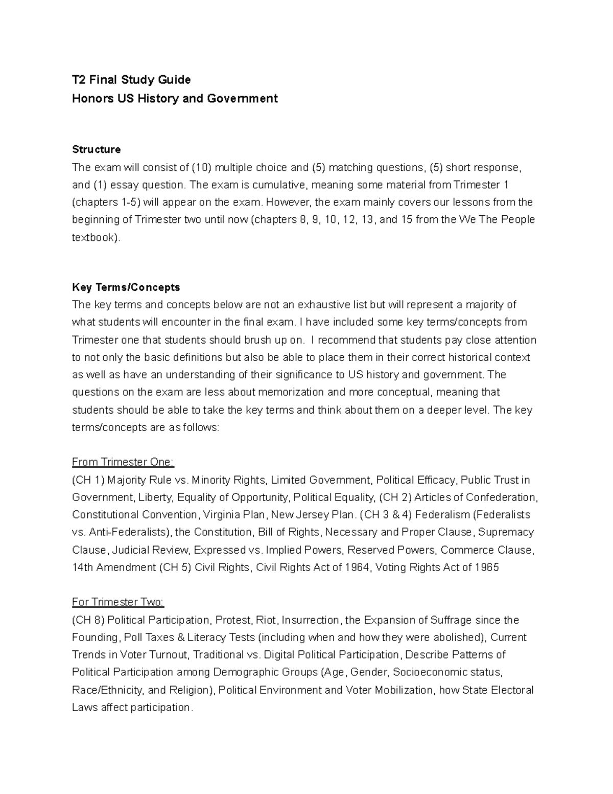 T2 Final Study Guide - T2 Final Study Guide Honors US History and ...