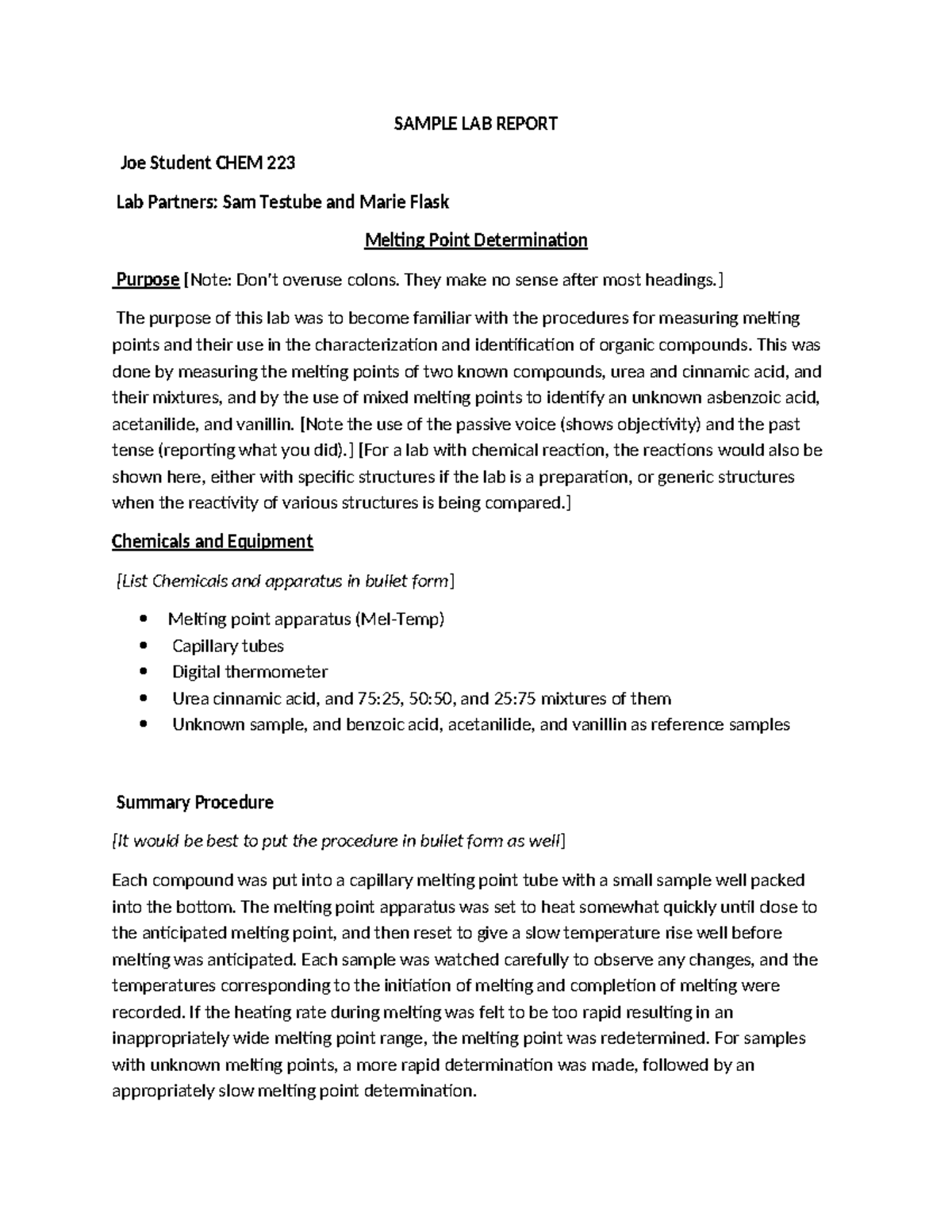 Sample Lab Report - SAMPLE LAB REPORT Joe Student CHEM 223 Lab Partners ...