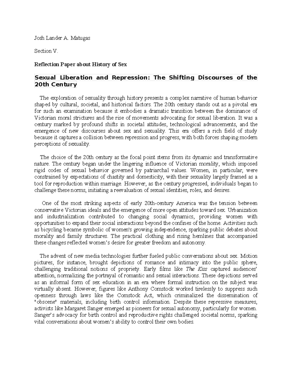 History Of Sex Reflection Josh Lander A Matugas Section V Reflection Paper About History Of