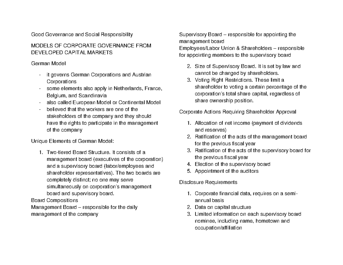 Notes on German Model - Good Governance and Social Responsibility ...
