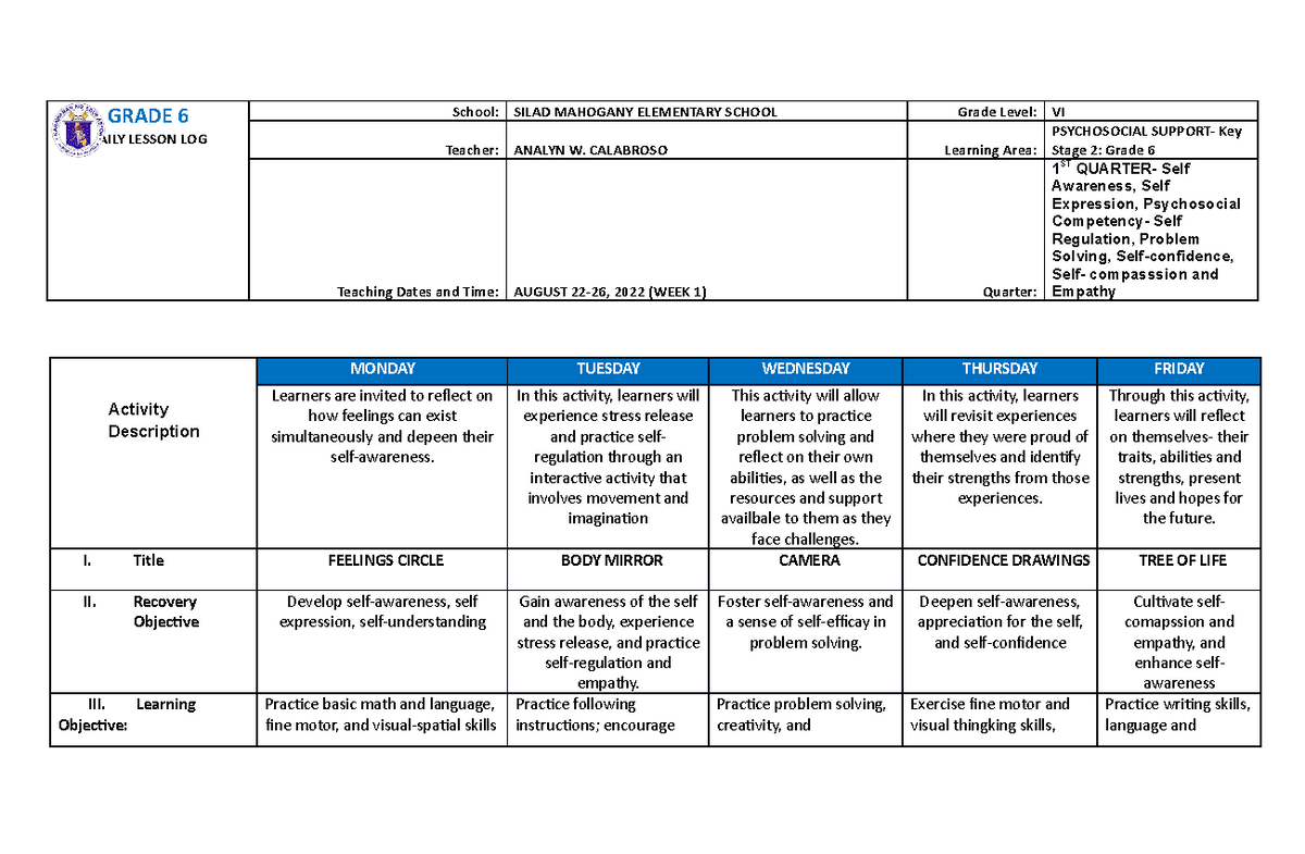 For Grade 4-6- Psychosocial DLL( August 22-26, 2022) - GRADE 6 DAILY ...