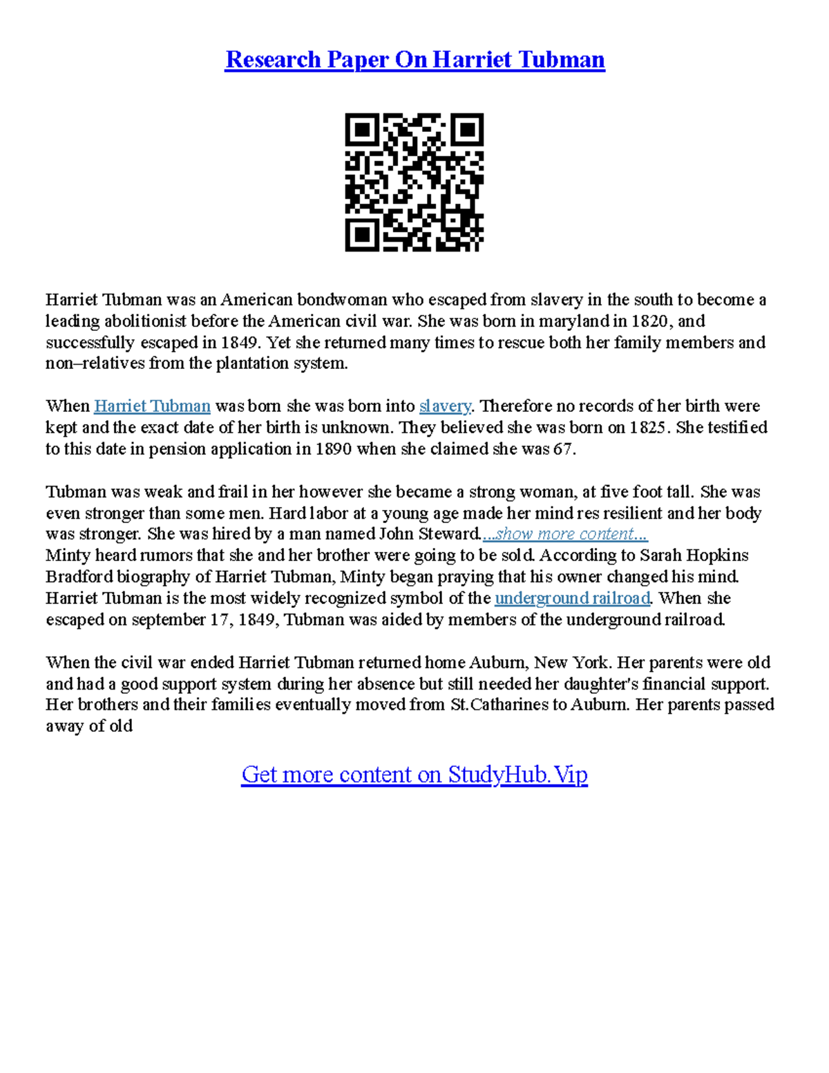 Harriet Tubman Essay - Research Paper On Harriet Tubman Harriet Tubman ...