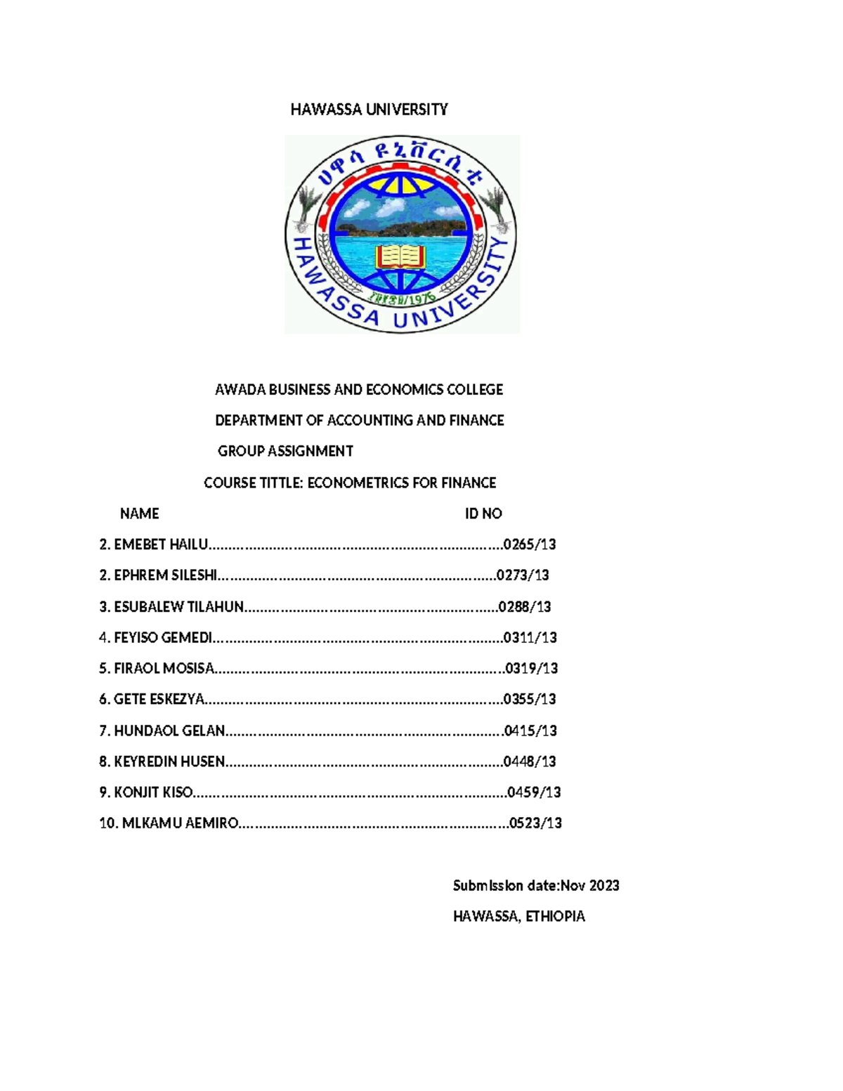 Econometrics Assignment docccccccc - HAWASSA UNIVERSITY AWADA BUSINESS ...
