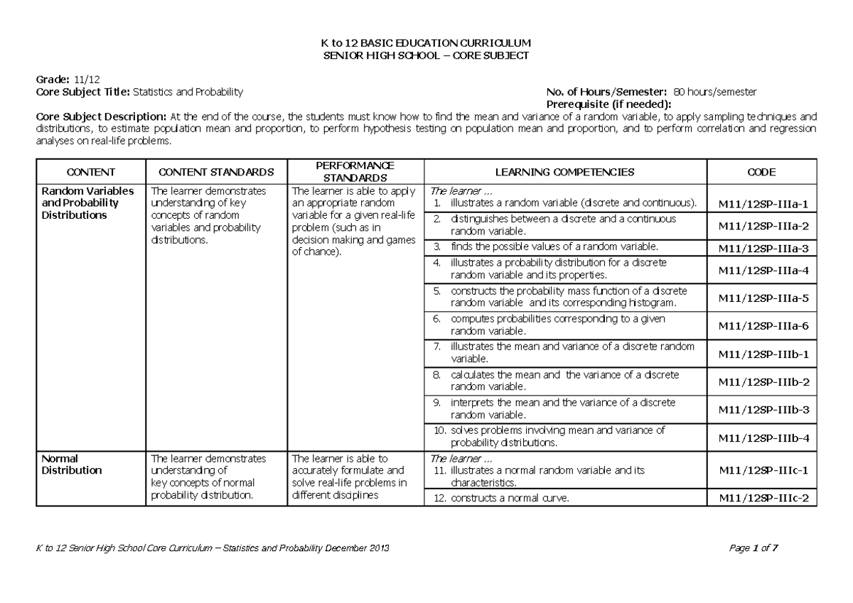 SHS-Core Statistics-and-Probability-CG - SENIOR HIGH SCHOOL – CORE SUBJECT Grade: 11/ Core ...