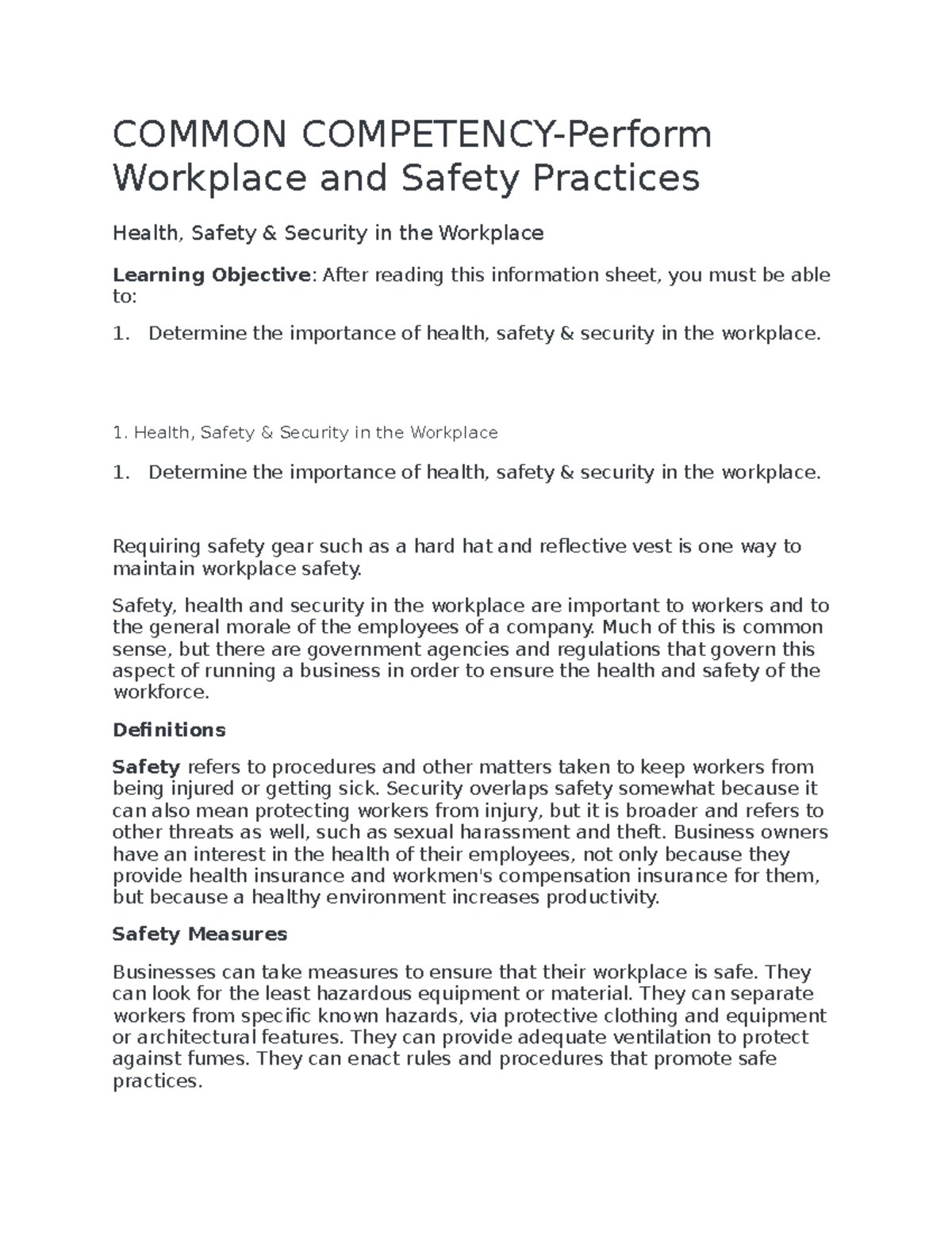 Common Competency-Perform Workplace and Safety Practices - COMMON ...