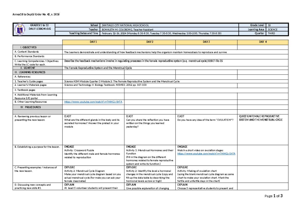 DLL Science g10 Quarter 3 February week 2 - Annex1B to DepEd Order No ...