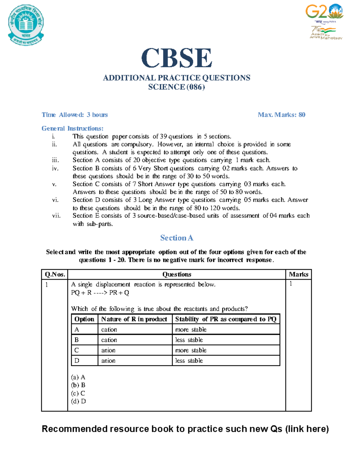 Class 10 Science Sample Paper 2023-24 - CBSE ADDITIONAL PRACTICE ...