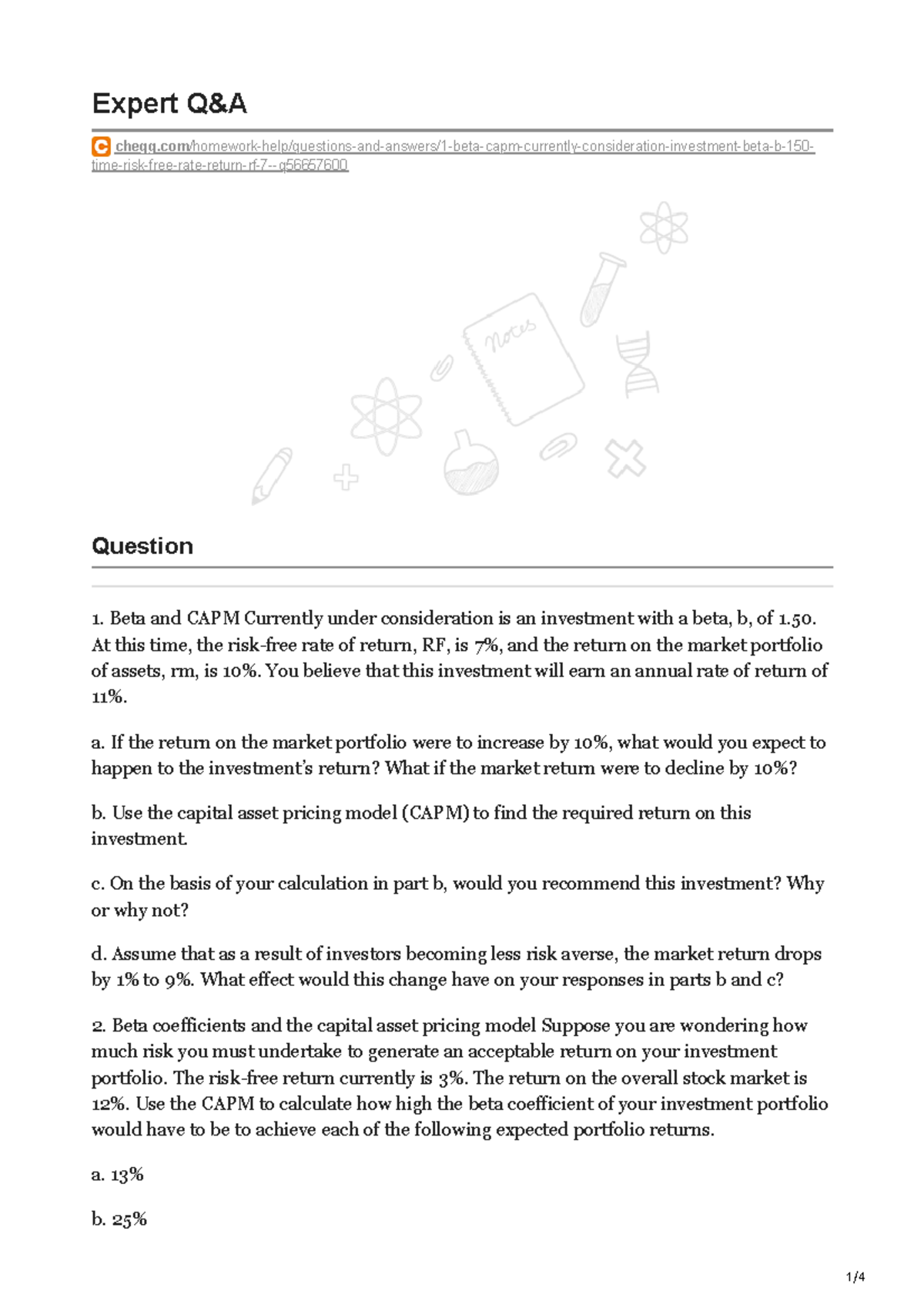 Chegg.com-Expert Qamp A 4 - Expert Q&A time-risk-free-rate-return-rf-7 ...