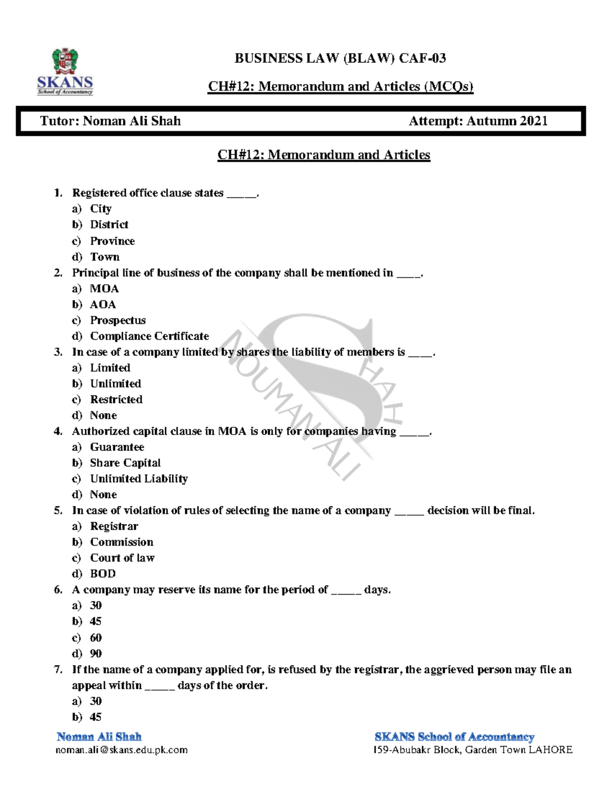 Chapter 12 mcq's - mcqs - BUSINESS LAW (BLAW) CAF- 03 CH#12: Memorandum ...