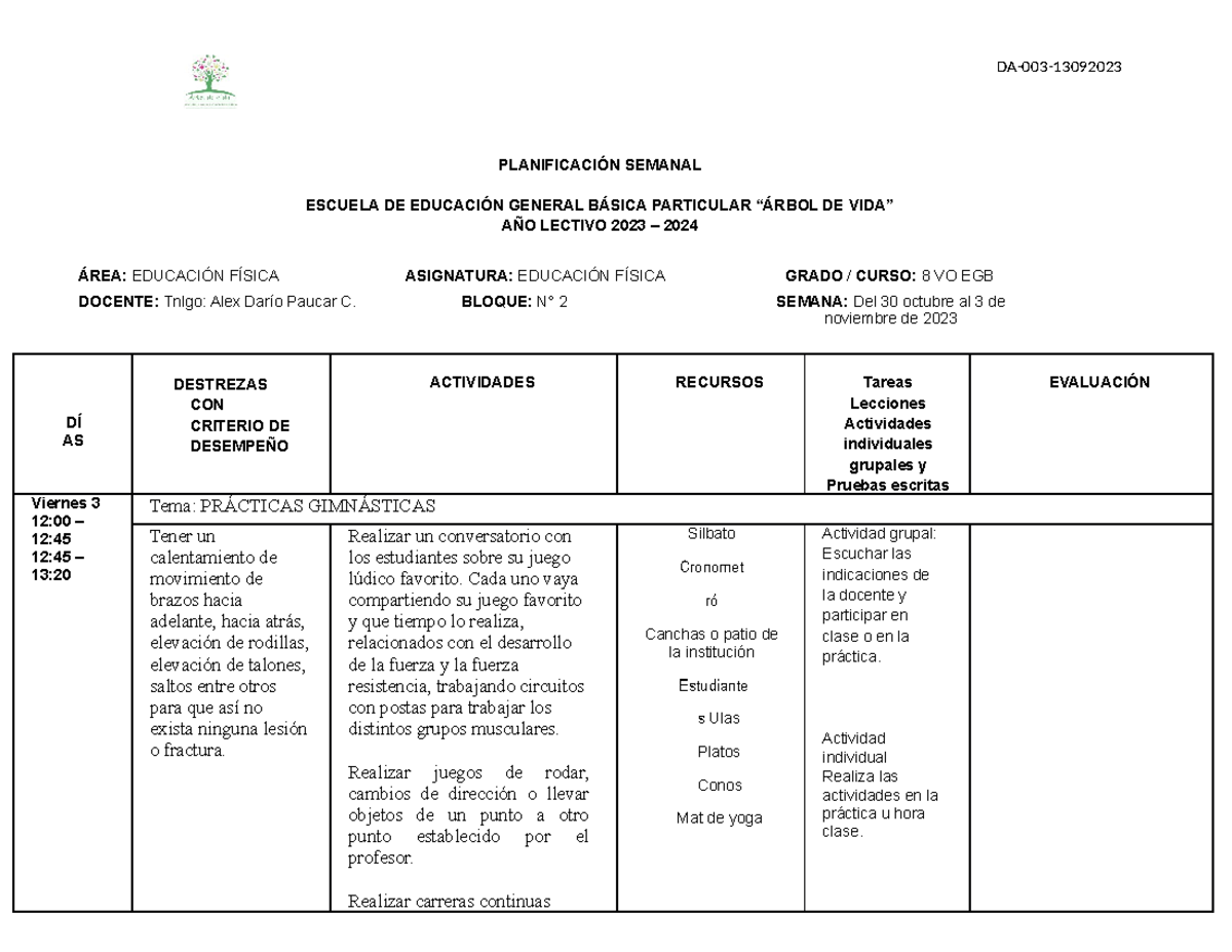 Plnificación semanal 8vo ( Educa) 30 de octubre al 3 de noviembre - DA ...