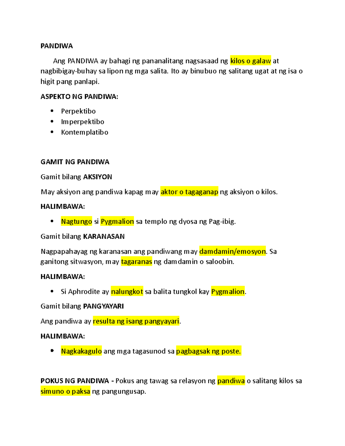 Filipino- Reviewer - goodluck po - PANDIWA Ang PANDIWA ay bahagi ng ...