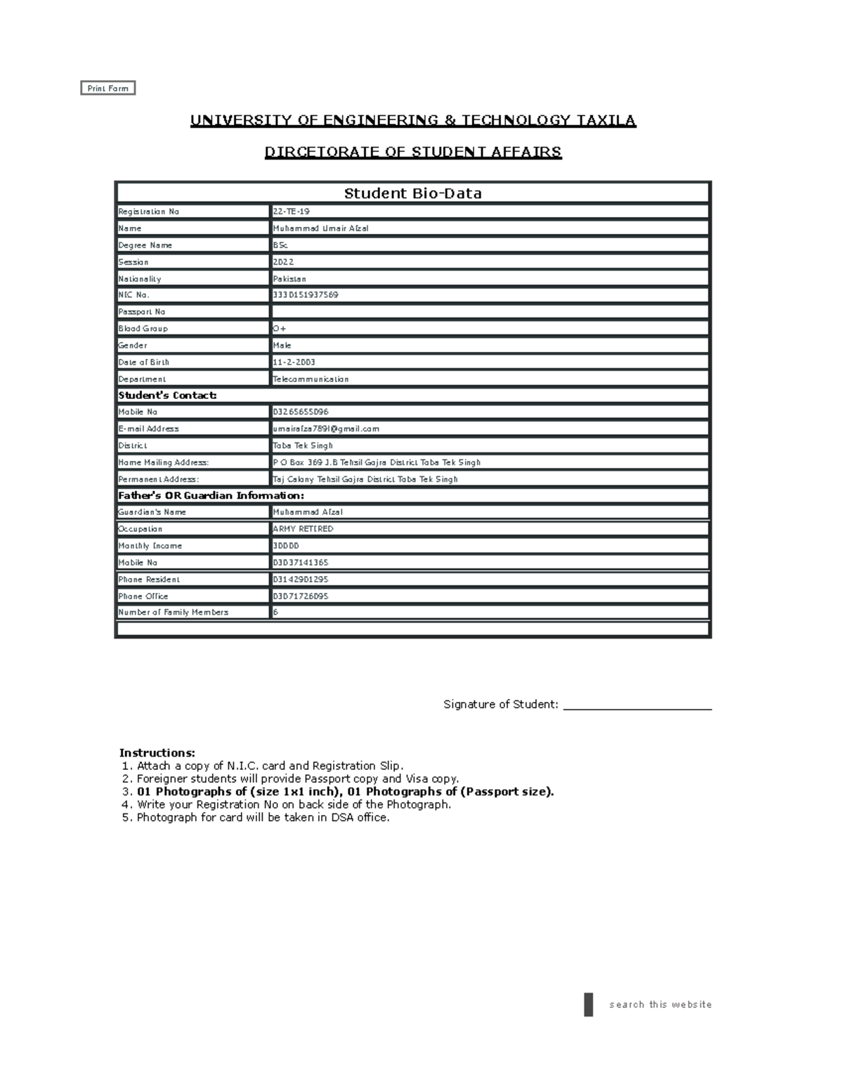 Biodata FORM - Print Form UNIVERSITY OF ENGINEERING & TECHNOLOGY TAXILA ...