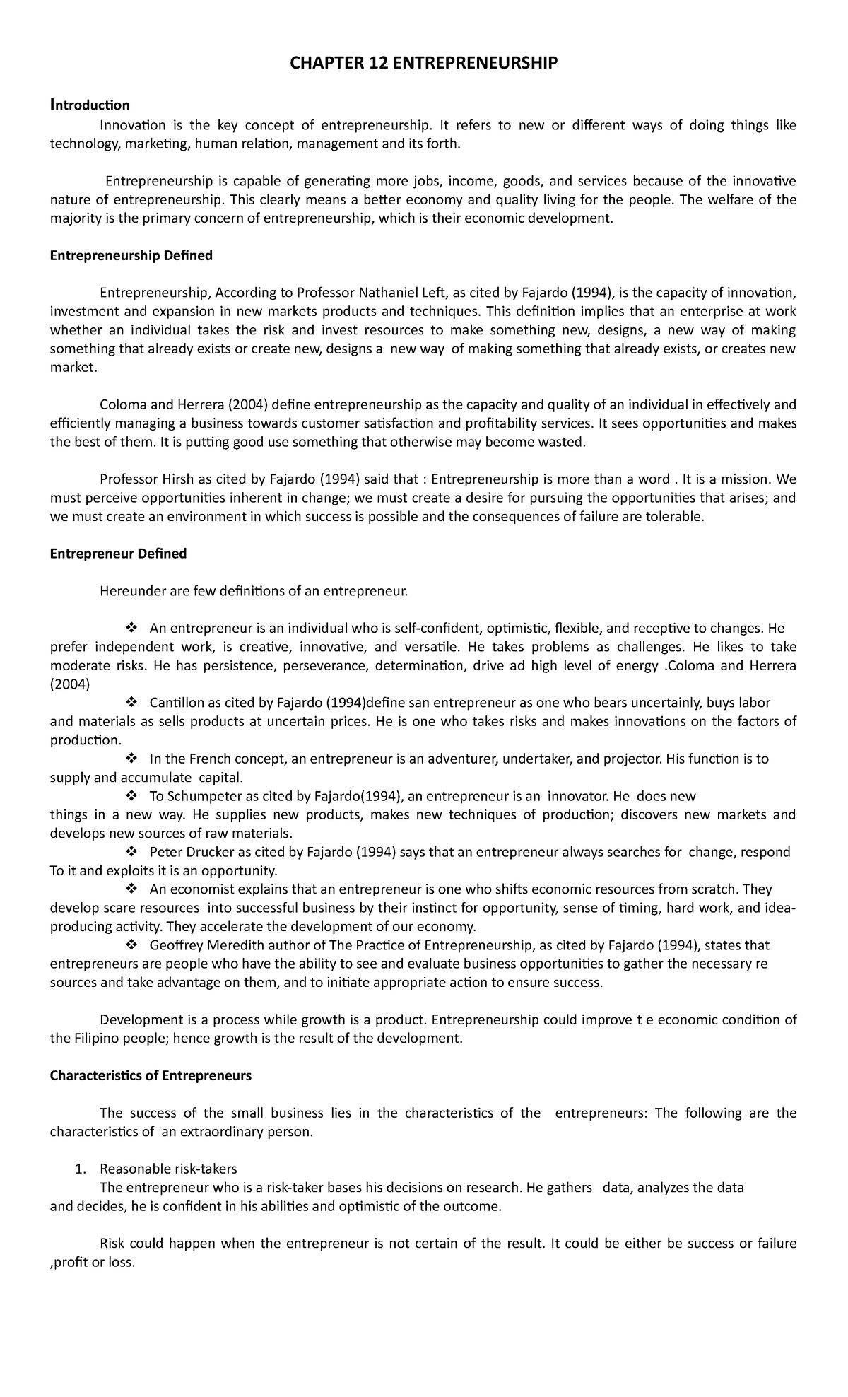 Chapter-12- Entrepreneurship - CHAPTER 12 ENTREPRENEURSHIP Introduction ...