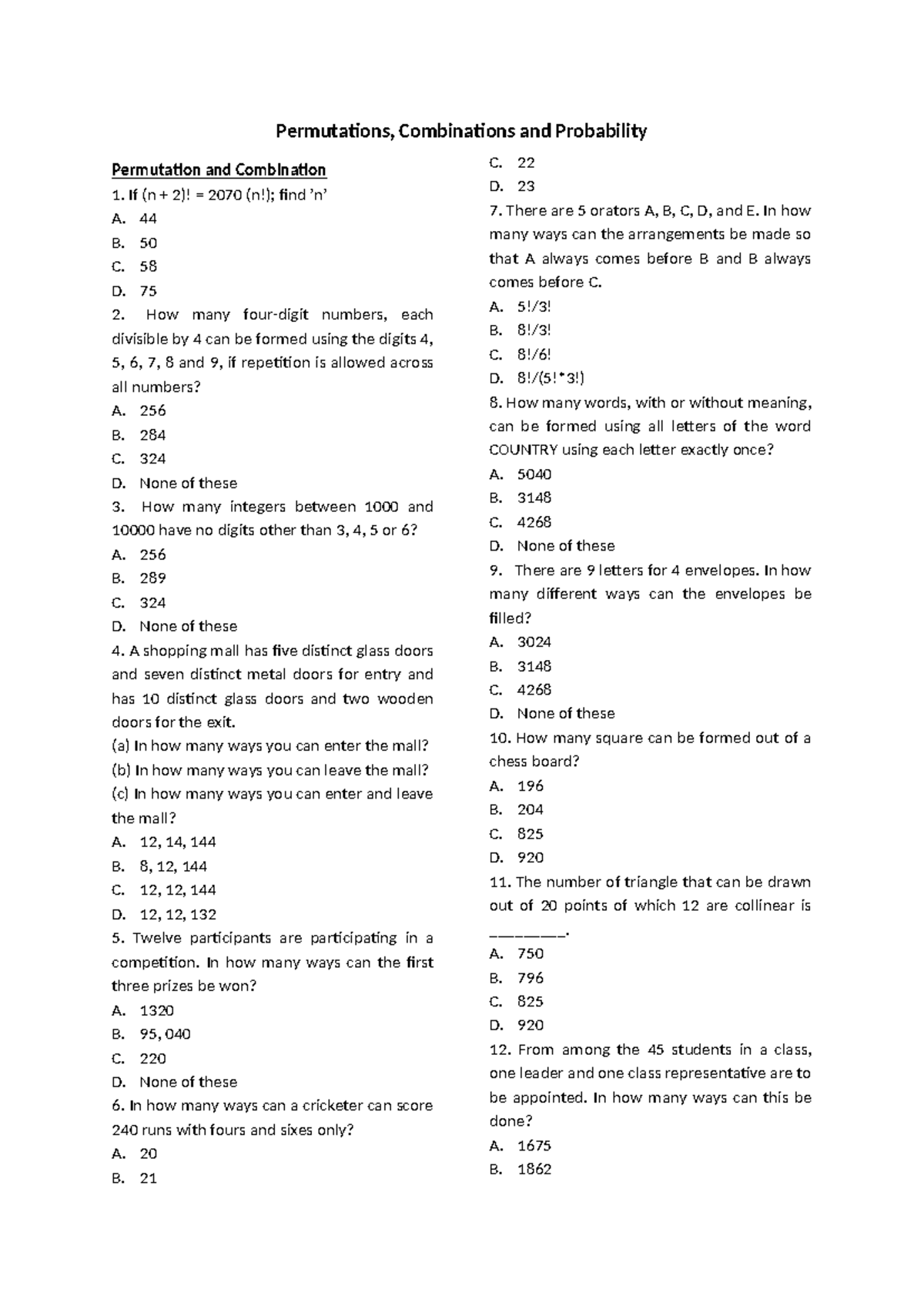 Aptitude Practice - Permutation, Combination and Probability - Practice Questions - Permutation ...