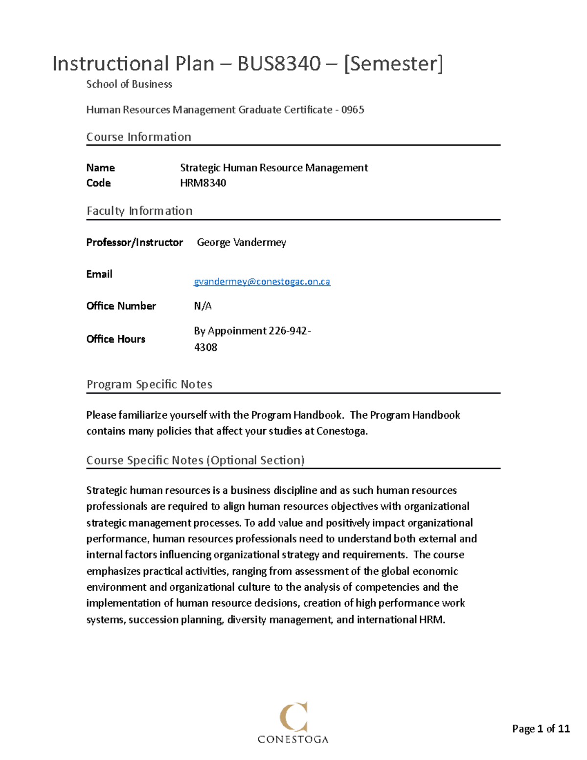 Instructional Plan - School of Business Human Resources Management ...