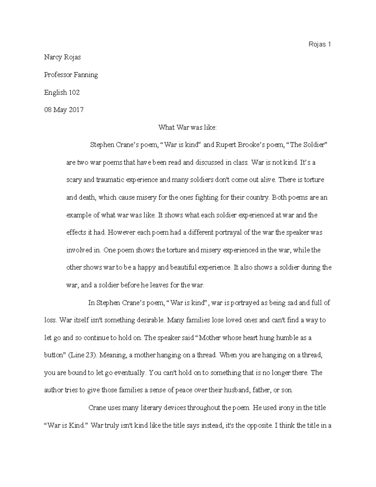 Literature Paper #1 - Grade: B - Rojas 1 Narcy Rojas Professor Fanning ...