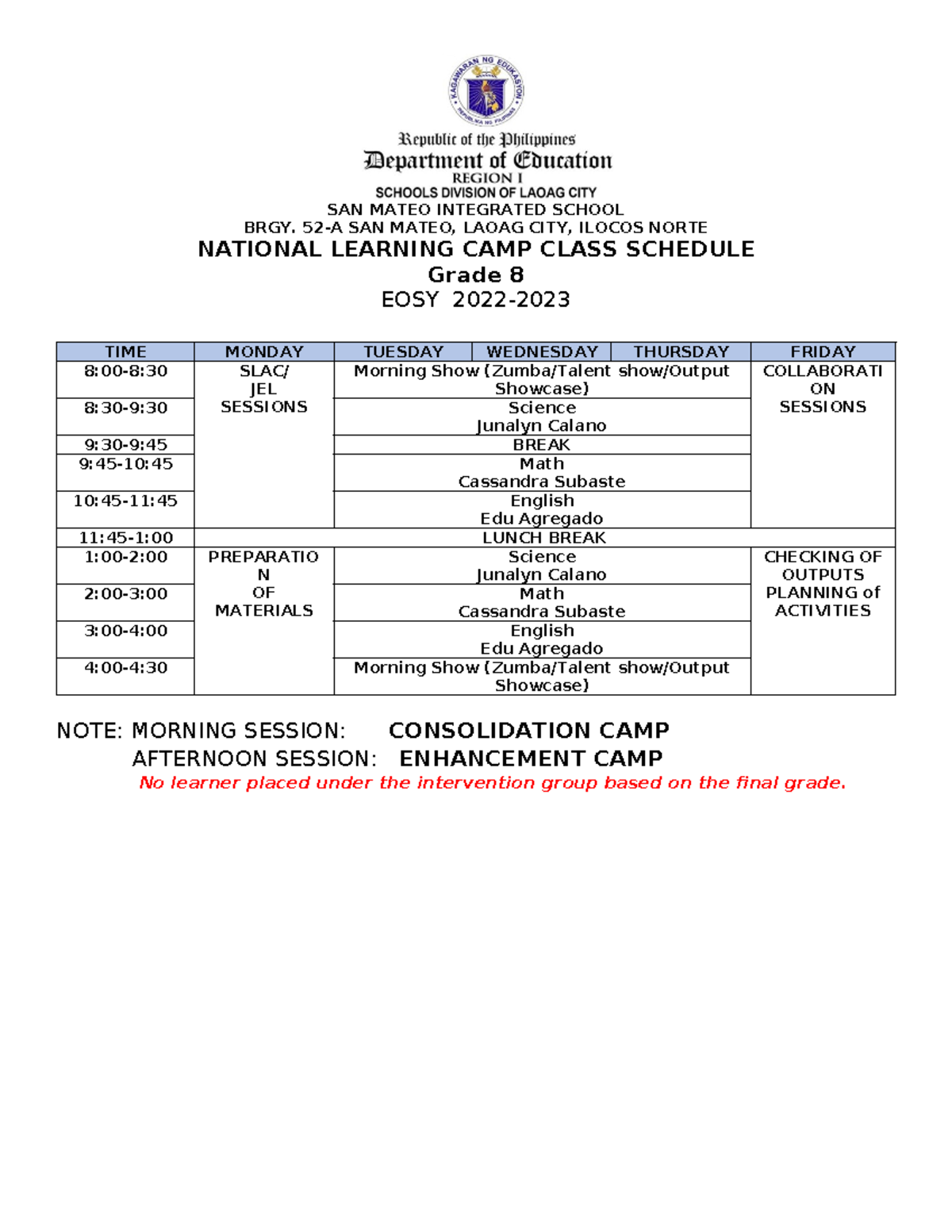 NLC Class Schedule Grade 1 - SAN MATEO INTEGRATED SCHOOL BRGY. 52-A SAN ...