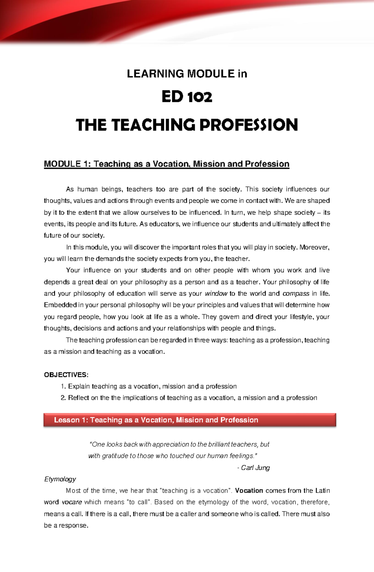 Module 1-Teaching as a Vocation, Mission and Profession - LEARNING ...