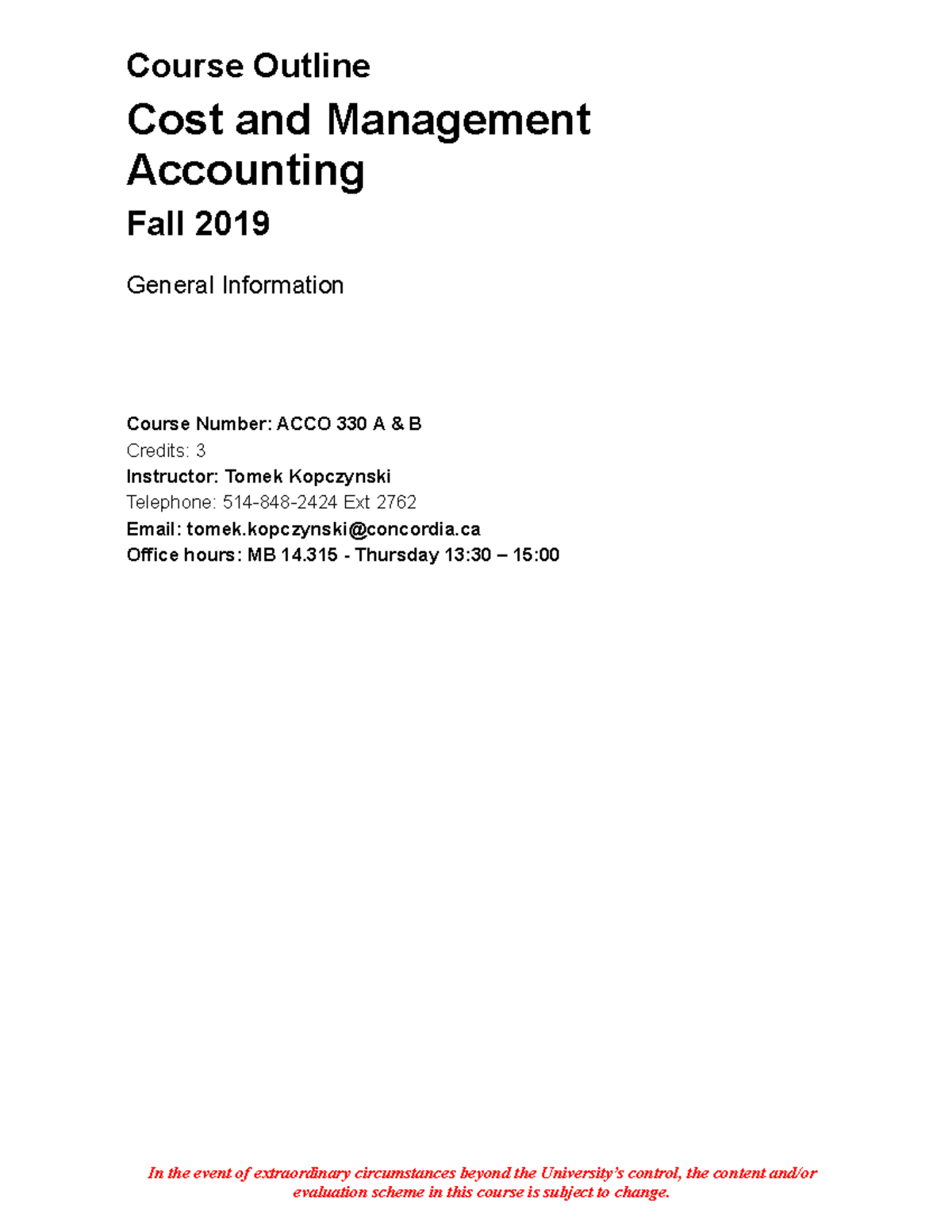 ACCO 330 - Course Outline - Fall 2019 - Course Outline Cost and ...