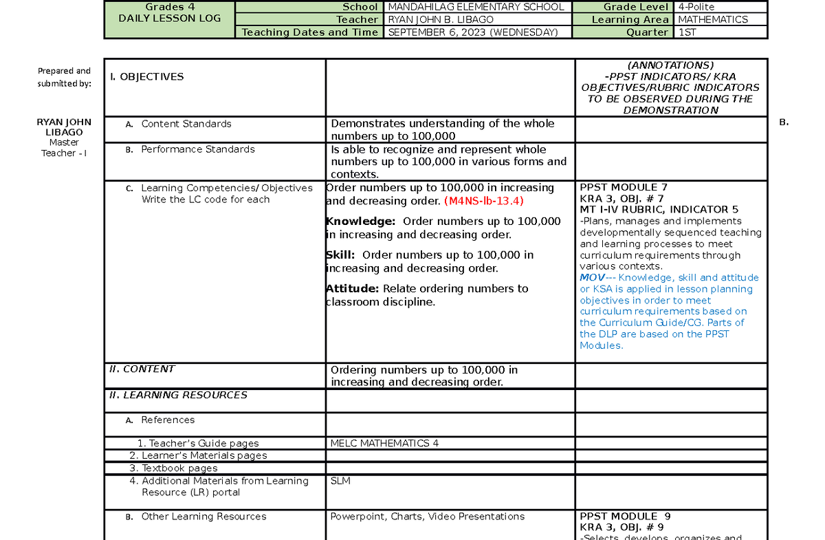 DLL Template Guide FOR COT - Prepared and submitted by: RYAN JOHN B ...