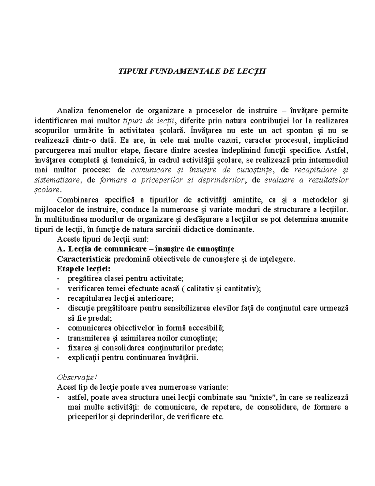 Tipuri fundamentale de lectie - TIPURI FUNDAMENTALE DE LECŢII Analiza fenomenelor de organizare ...