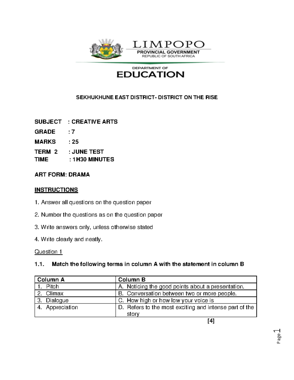 Creative ARTS Grade 7 JUNE TEST 2022 Drama (2) - Page 1 SEKHUKHUNE EAST ...