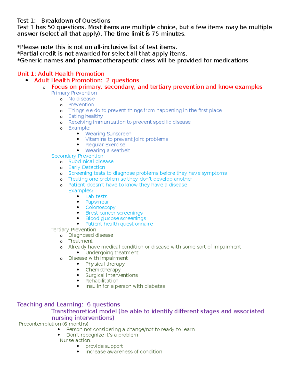 Adults Exam 1 Study GuideSpring 2022 VCU - Test 1: Breakdown of ...