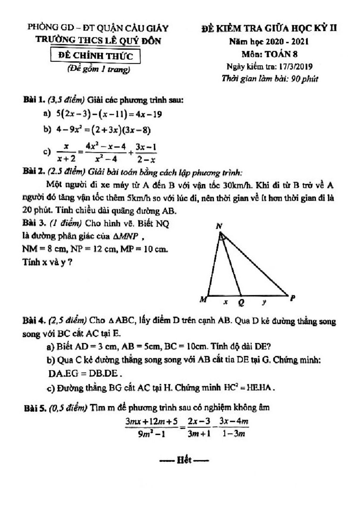 De thi giua ky 2 toan 8 nam 2020 2021 truong thcs le quy don ha noi - Triết học Mác Lênin - Studocu