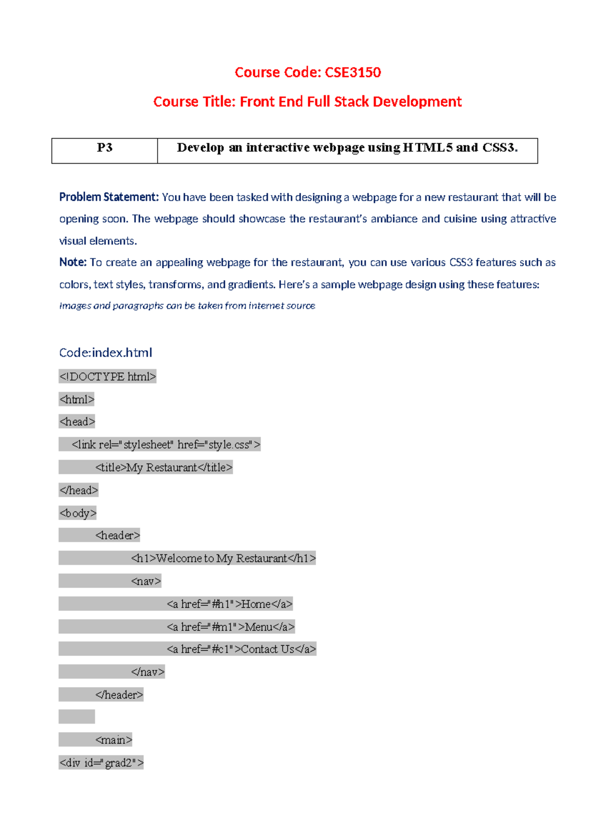 Lab Sheet 3- Interactive webpage using HTML5 and CSS3- Resturant - Course Code: CSE Course Title ...